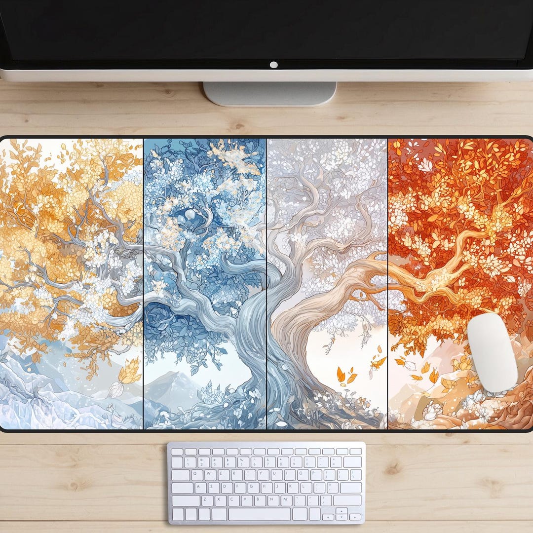 Seasons of the Great Oak Tree Desk Mat, Magical Woods Desk Pad, Tree of ...