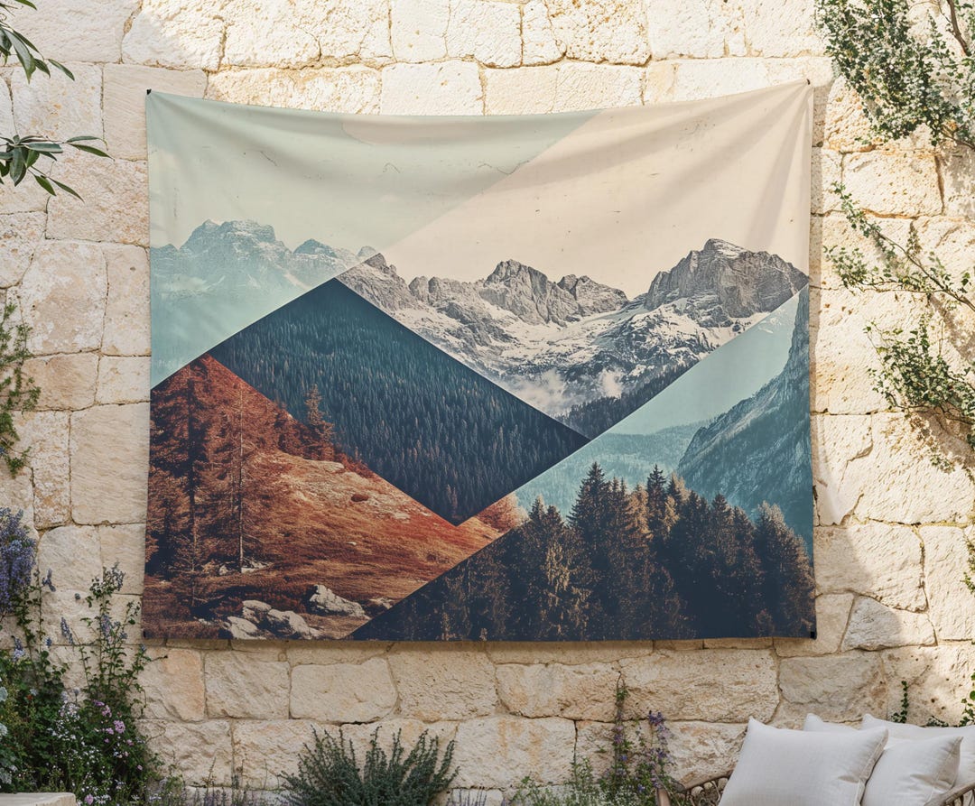 Vintage Mountain Photos Collage Tapestry, Forest Wall Hanging, Woods ...