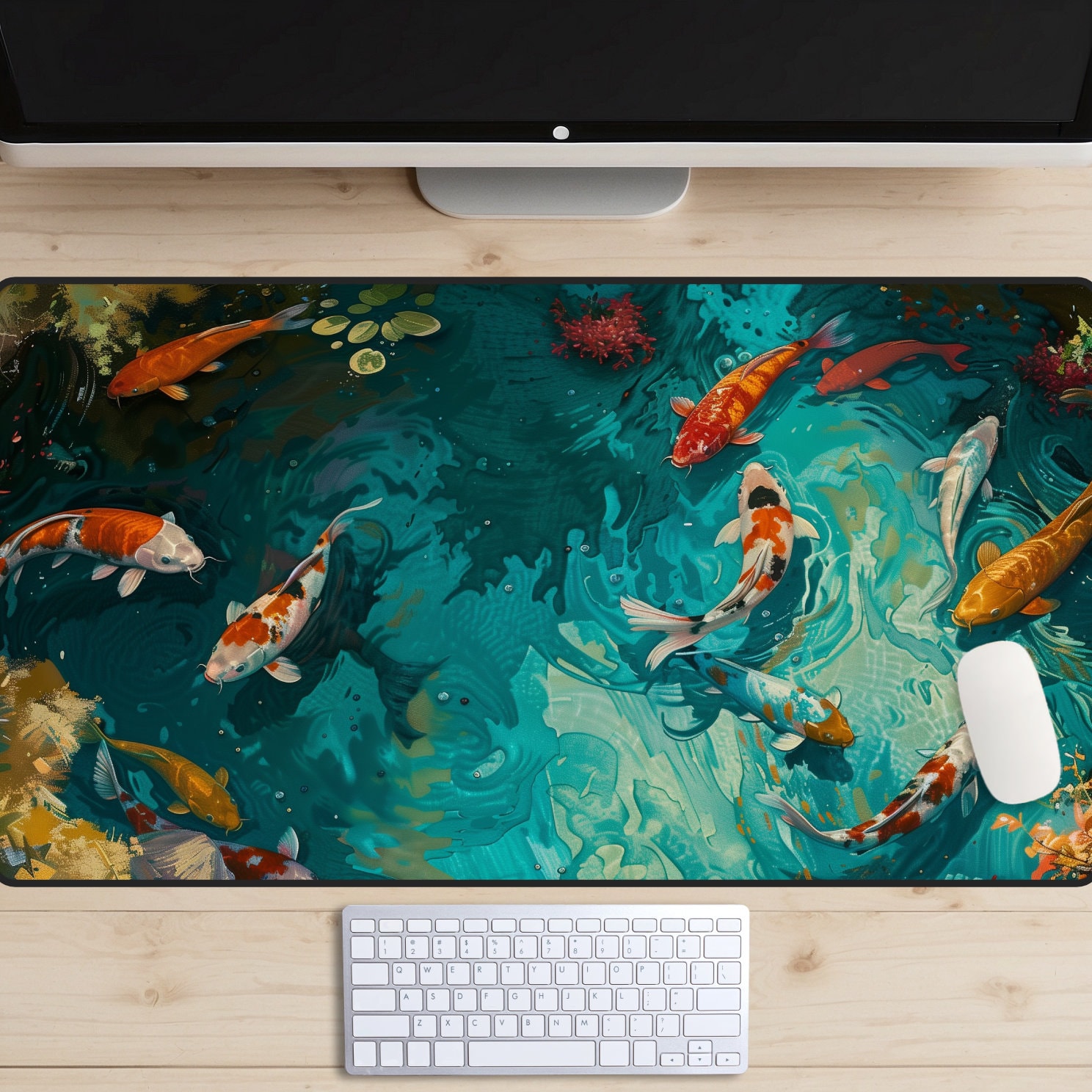 Koi Fish Desk Mat, Koi Pond Desk Pad, Goldfish Mousepad, Zen Painting ...