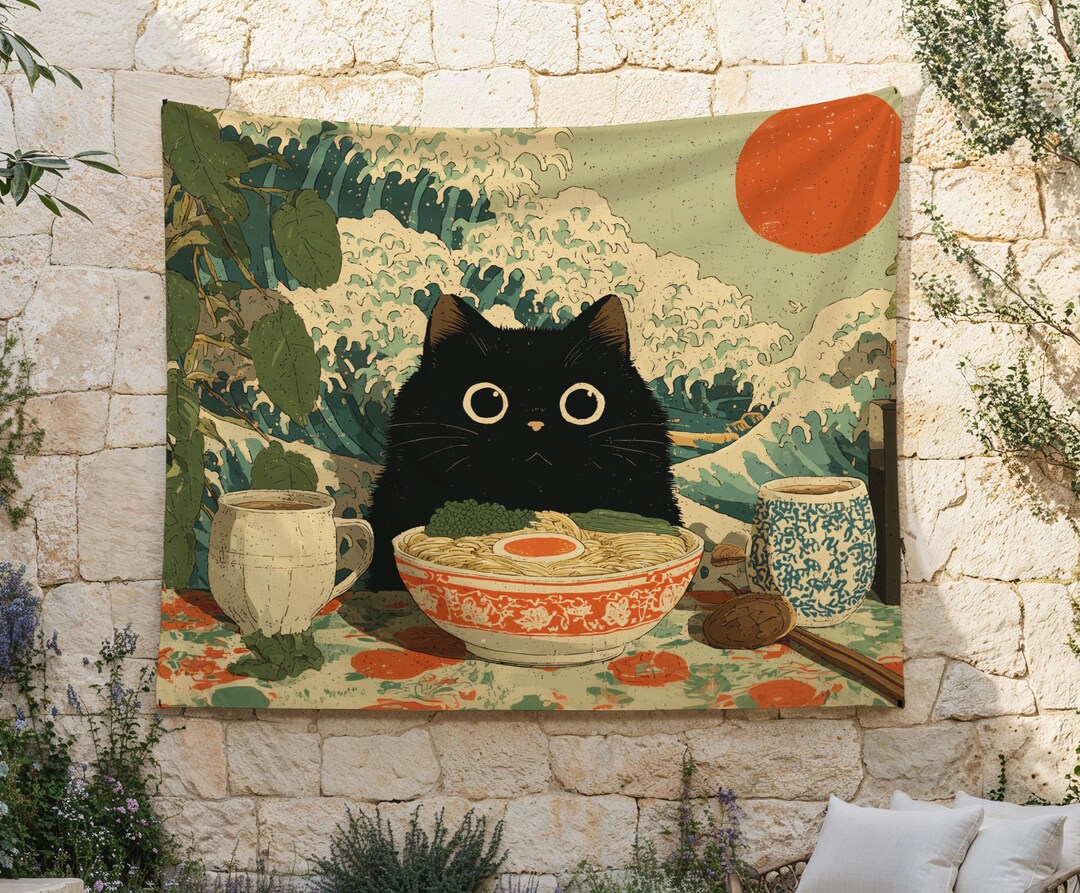 Vintage Japanese Ramen Shop Tapestry, Black Cat Wall Hanging, Cute ...