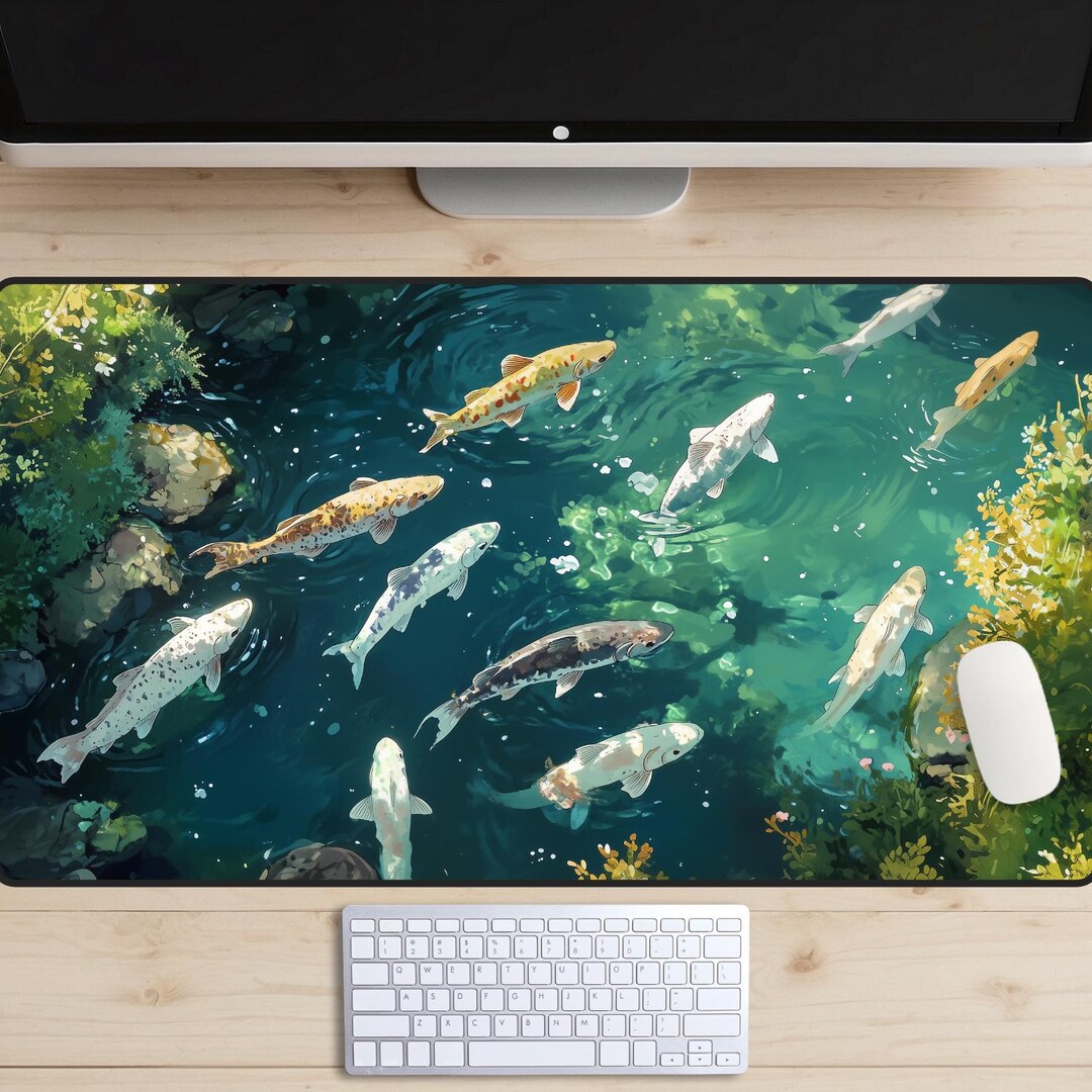 Trout Stream Desk Mat, River Fish Desk Pad, Lofi Desk Mat, Zen Painting ...