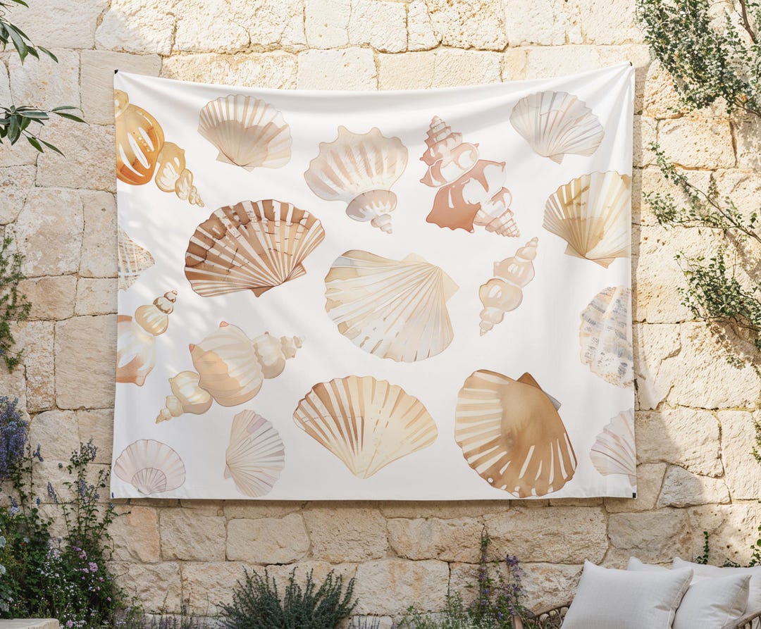 Seashell Tapestry, Watercolor Seashells Wall Hanging, Beach House Cloth ...