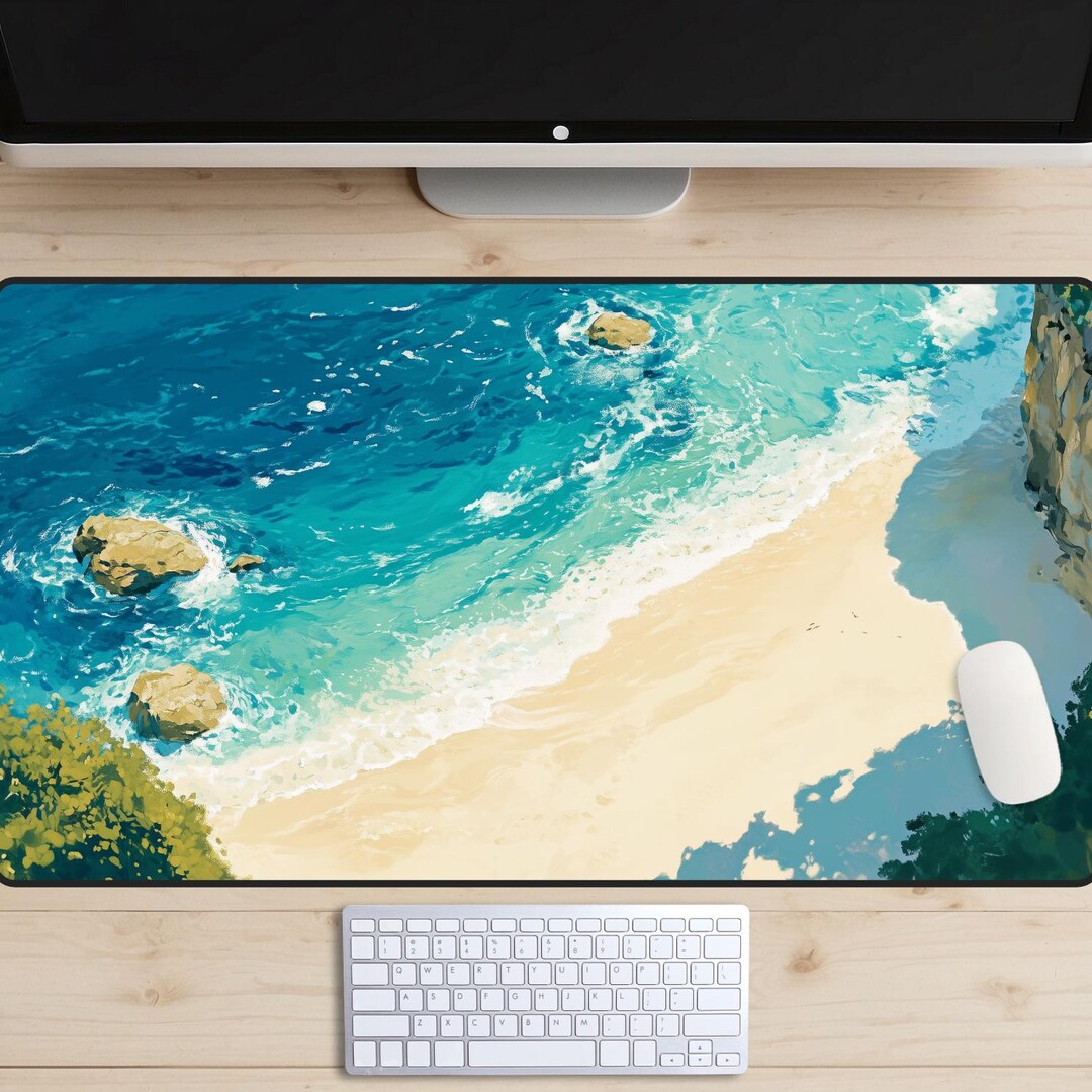 Secluded Beach Desk Mat, Ocean Waves Desk Pad, Blue Waters Desk Topper ...