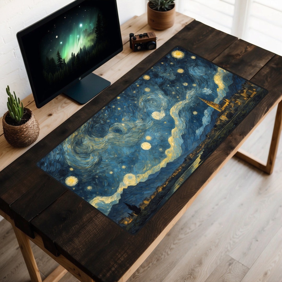 Starry Evening Desk Mat, Stars Desk Mat, Painting Mouse Pad, Dark Blue ...