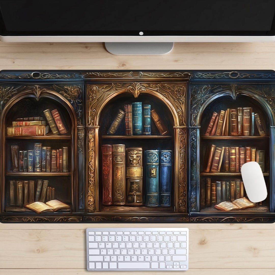 Ornate Bookshelf Des Mat, Books Desk Pad, Victorian Library Desk Topper ...