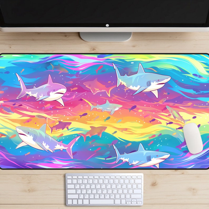 90's Sharks Desk Mat, Tie Dye Shark Desk Pad, 80's Aesthetic Mousepad ...