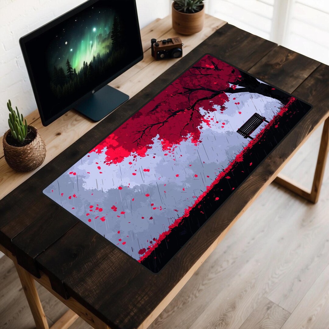 Windy Fall Day Desk Mat, Autumn Rain Desk Pad, Red Maple Leaves Desk ...