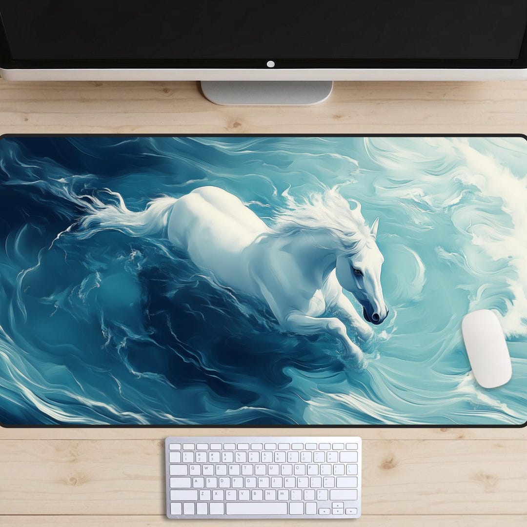 White Horse Crossing the River Desk Mat, Wild Horse in Stream Desk Pad ...