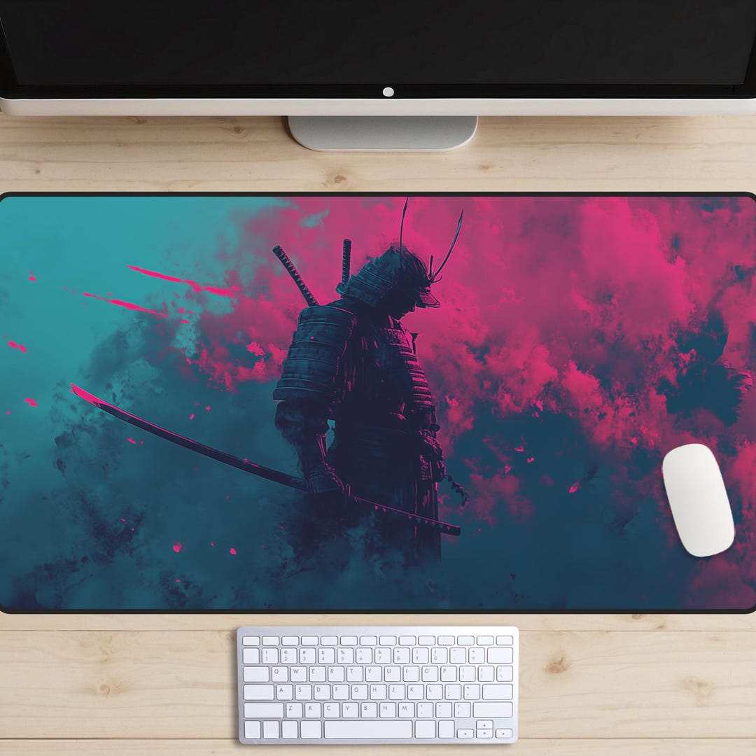 Vaporwave Samurai Desk Mat, Retrofuturism Desk Pad, Ronin Desk Topper ...