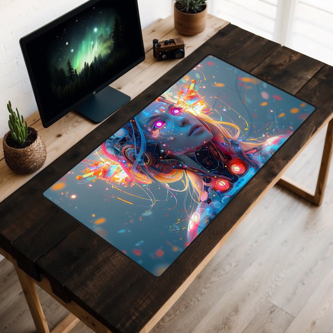 Cyber Angel Desk Mat, Cyberpunk Desk Pad, Robot Mousepad, Mecha Desk Topper, AI Futuristic ...