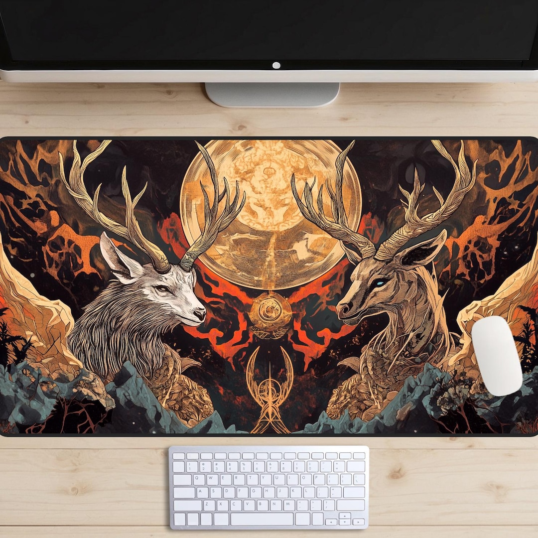 Goat and Stag Desk Mat, Golden Deer Desk Pad, American Mythology Desk ...