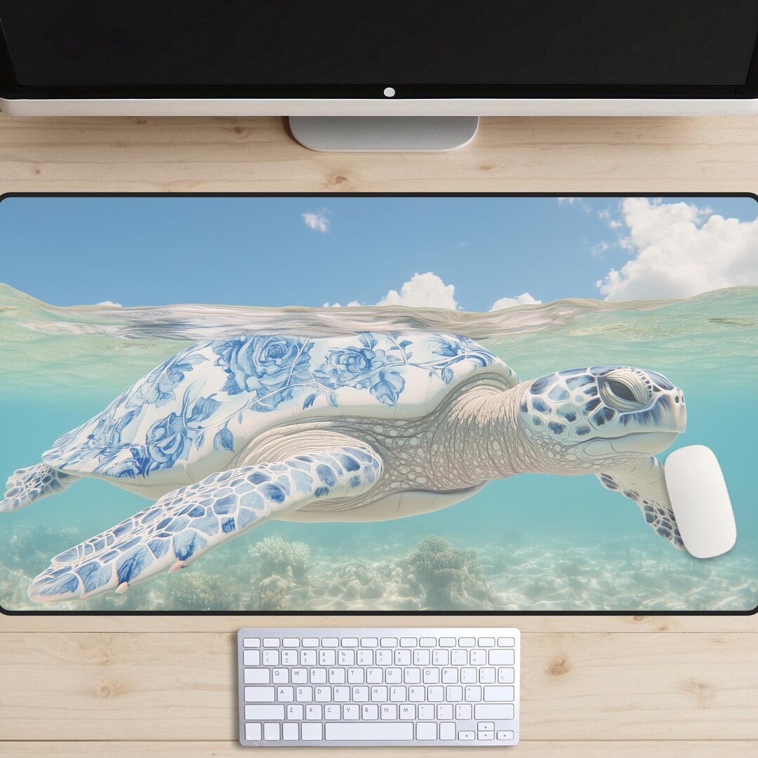 Porcelain Sea Turtle Desk Mat, Blue and White Shell Turtle Desk Pad ...