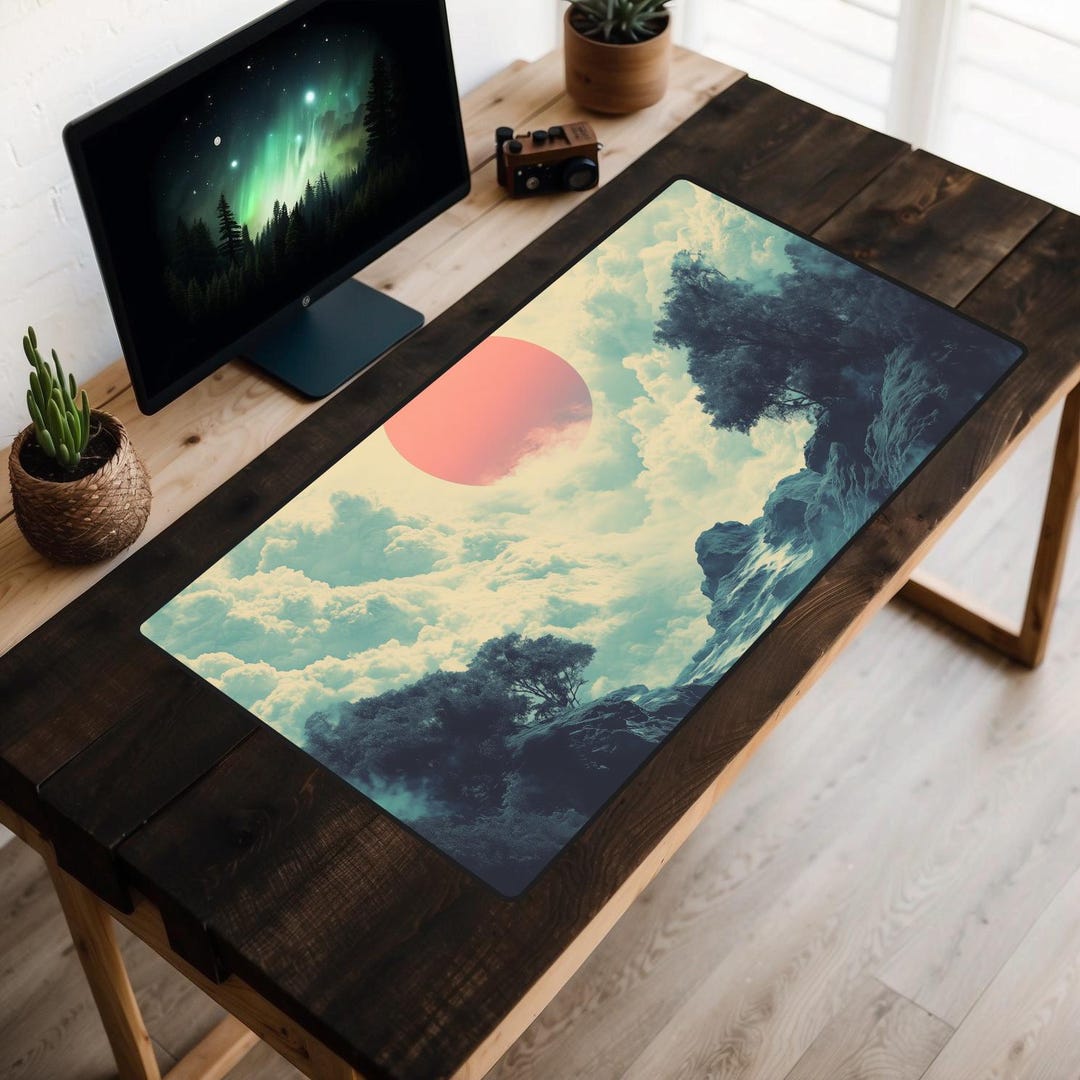 Surreal Mountain Peak Desk Mat, Soft Red Sun Desk Pad, White Clouds in ...
