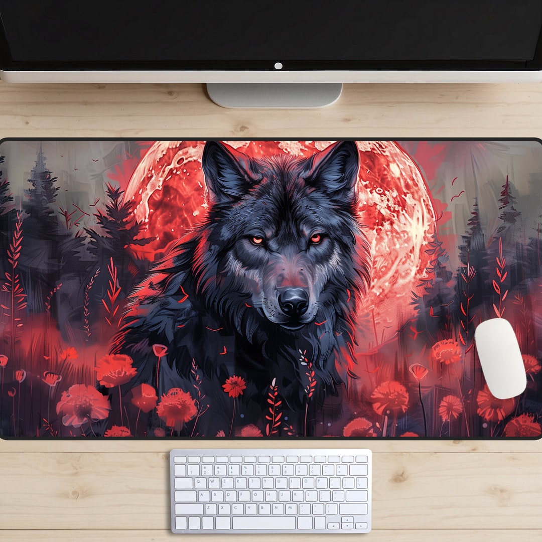 Lone Wolf Desk Mat, Blood Red Moon Desk Pad, Wolf Moon Mousepad ...