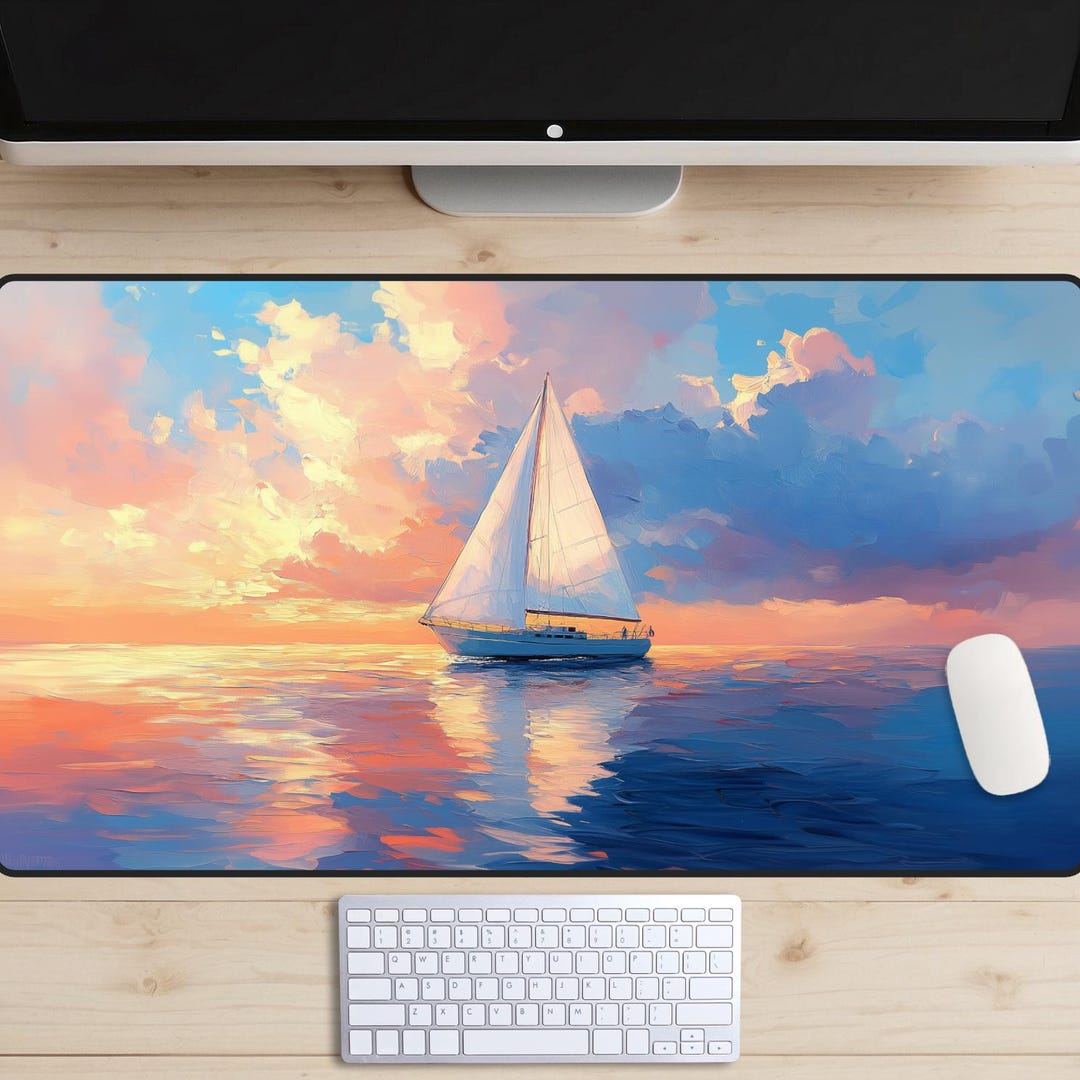 Calm Seas Sailboat Desk Mat, Uplifting Ocean Desk Pad, Blue Seascape ...
