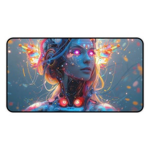 Cyber Angel Desk Mat, Cyberpunk Desk Pad, Robot Mousepad, Mecha Desk Topper, AI Futuristic ...