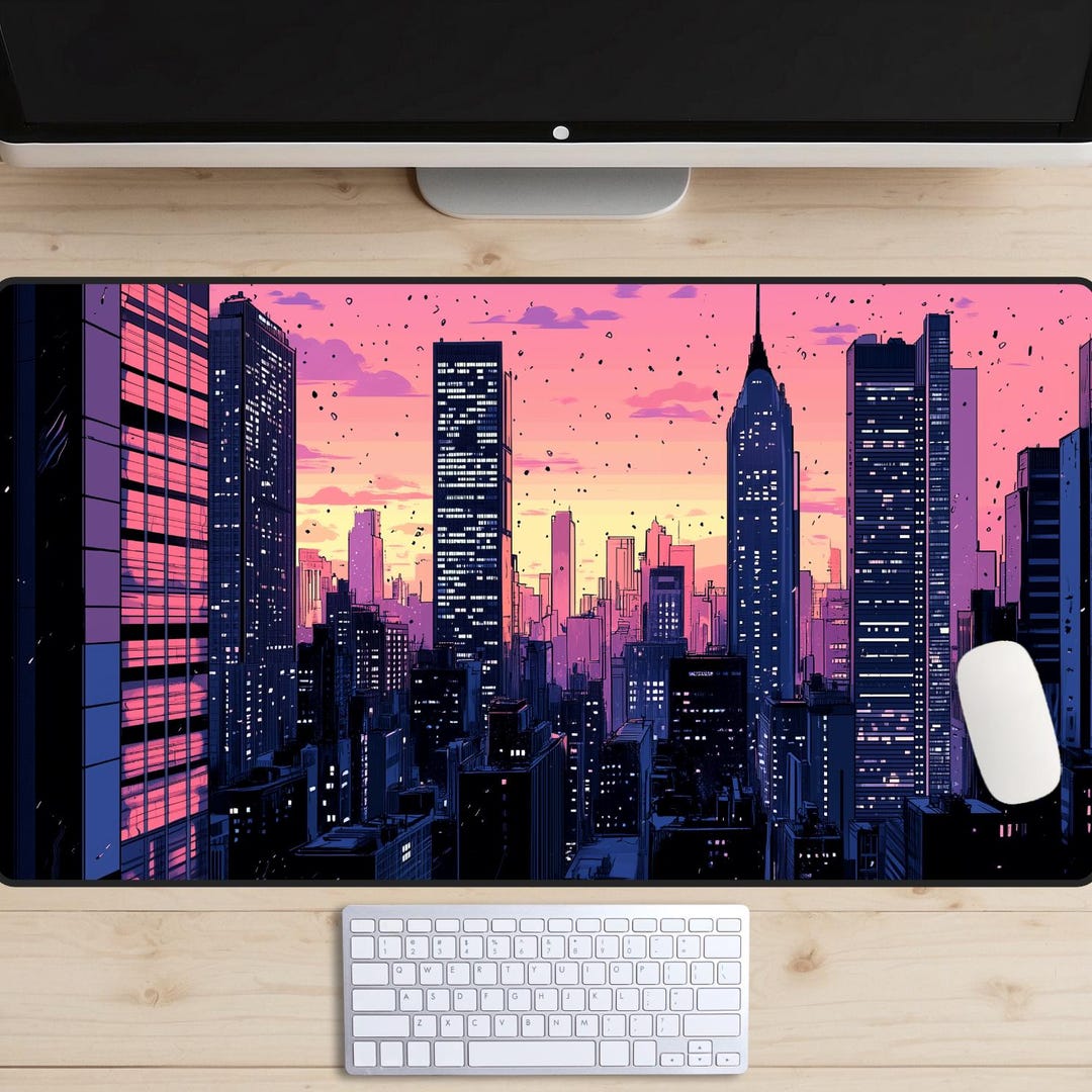 Sunset City Desk Mat, City Skyline at Dusk Desk Pad, Pink Gradient Desk ...