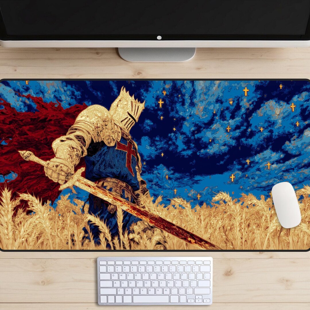 Golden Paladin Knight Desk Mat, Medieval Crusader in Wheat Field Mouse ...