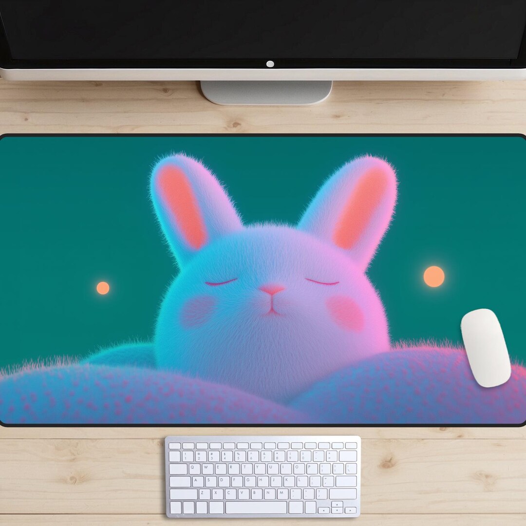 Cute Sleepy Bunny Desk Mat, Fuzzy Rabbit Desk Pad, Kawaii Mousepad ...