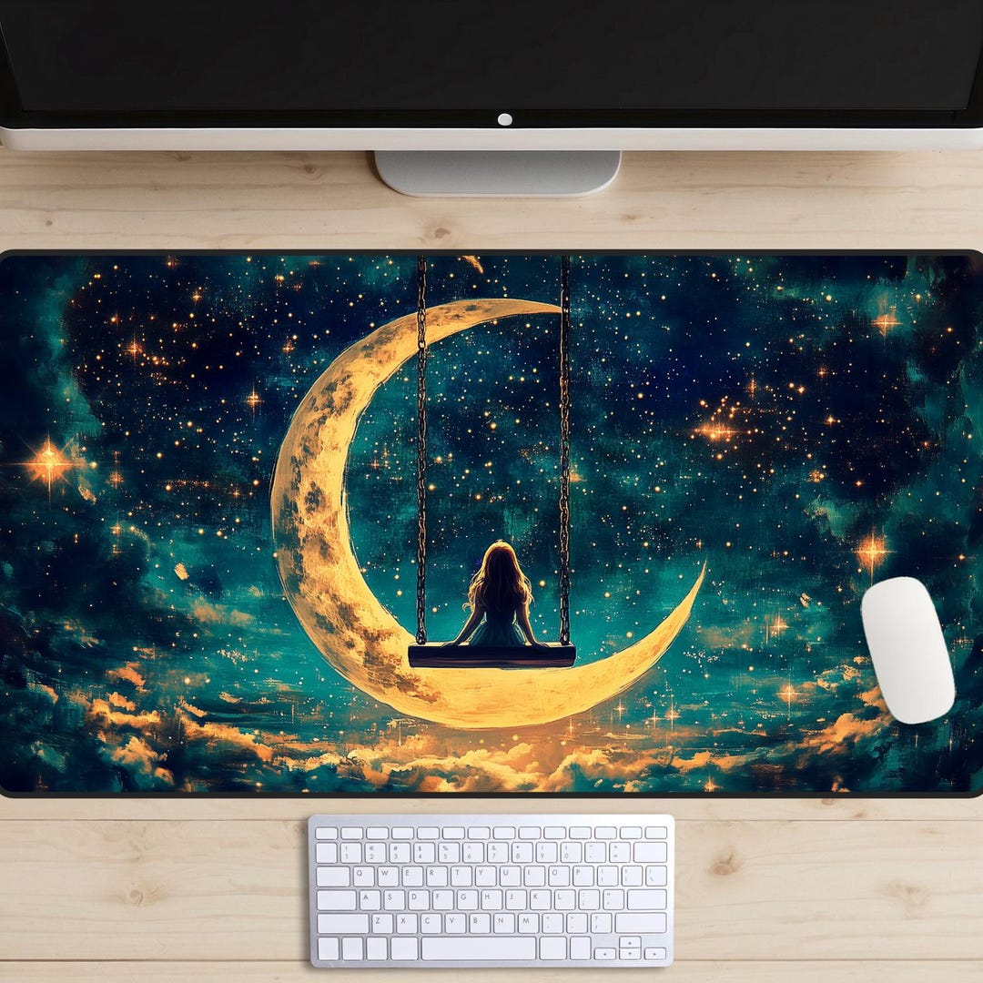Swinging Under the Crescent Moon Desk Mat, Beautiful Night Sky Desk Pat ...