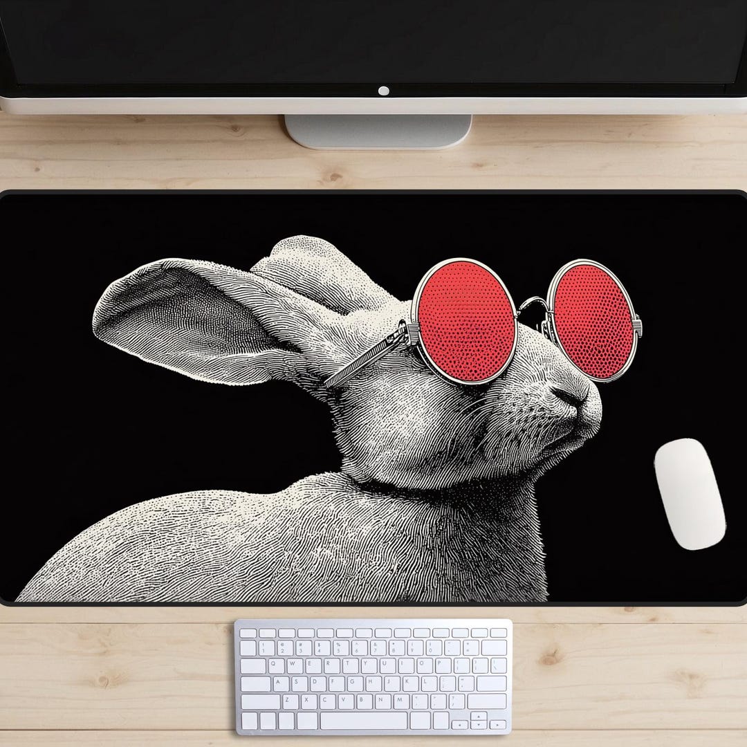 Smooth Jazz Rabbit Desk Mat, Sunglasses Bunny Desk Pad, Neo Soul Rabbit ...