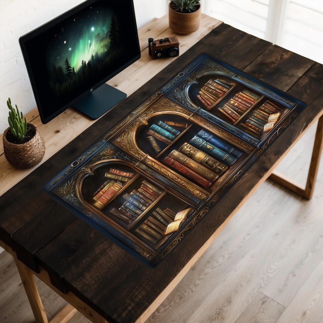 Ornate Bookshelf Des Mat, Books Desk Pad, Victorian Library Desk Topper ...