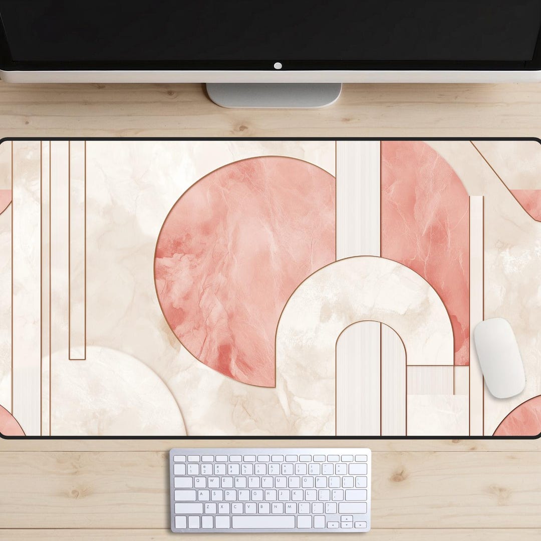 Art Deco Beige Aesthetic Desk Mat, Pink and Tan Desk Pad, Pastel Colors ...