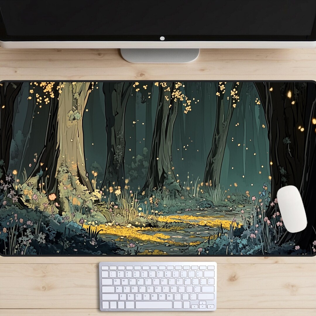Lofi Magical Forest Desk Mat, Peaceful Woods Desk Pad, Golden Leaves ...