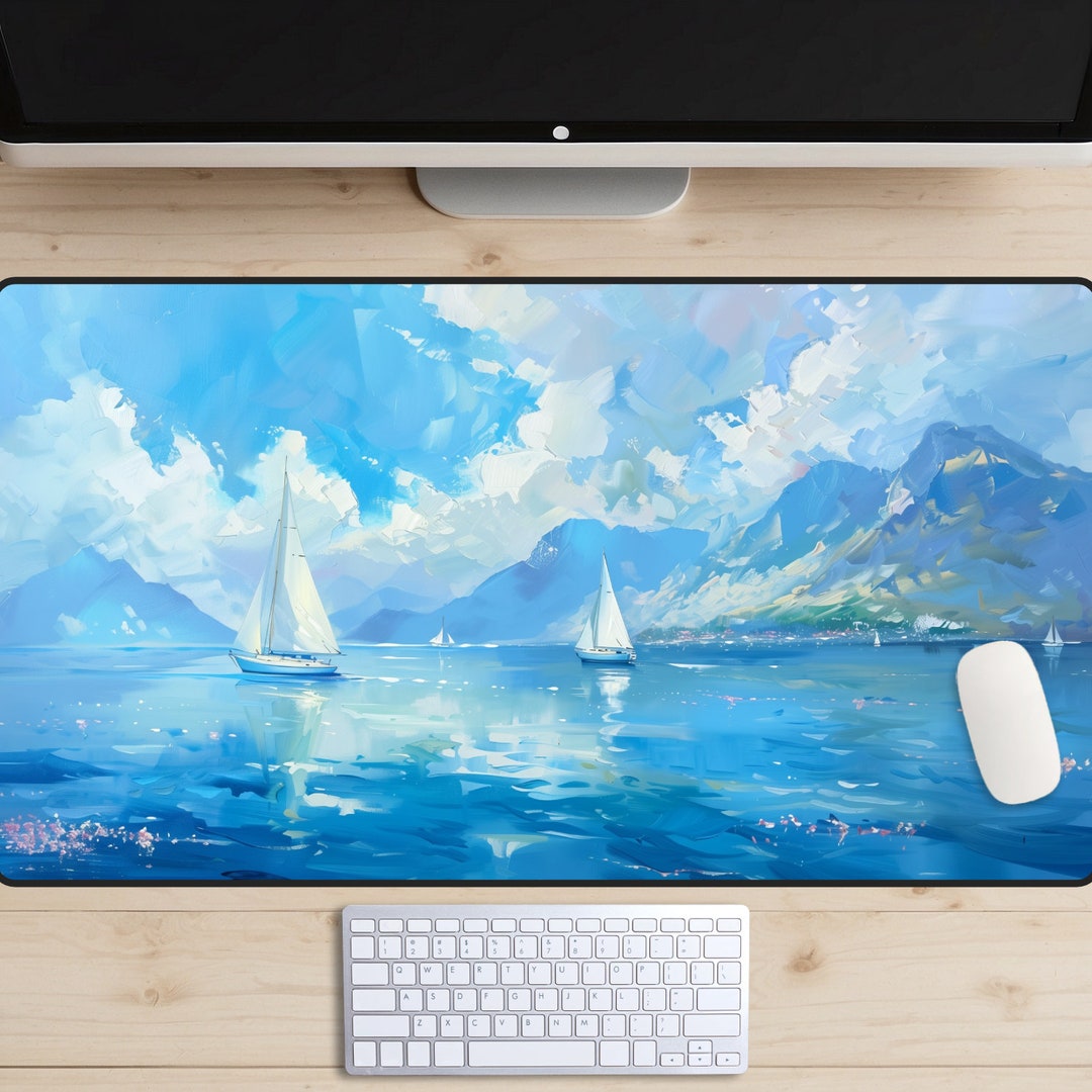 Vintage Sail Boats Painting Desk Mat, Vintage Seascape Desk Pad, Blue ...