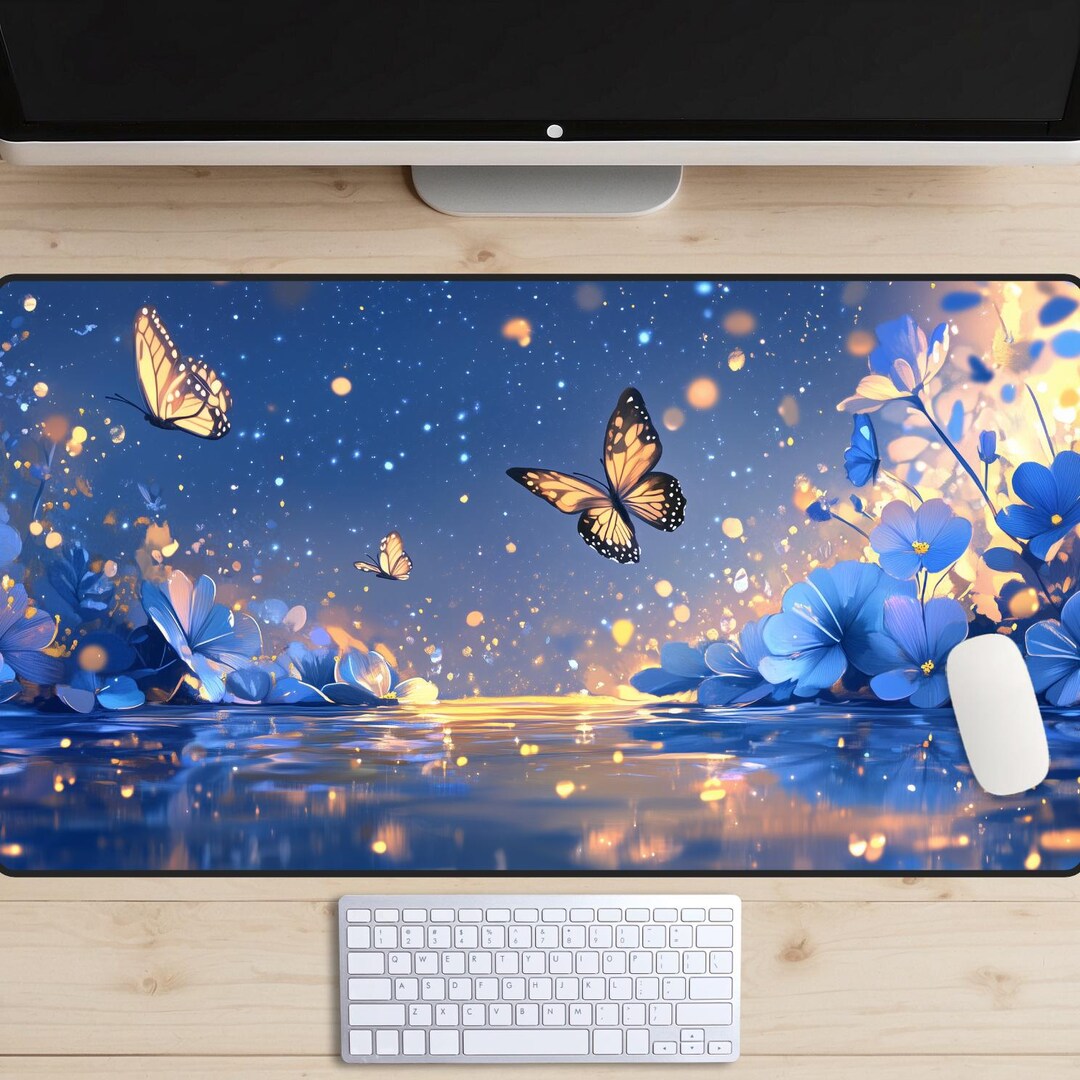 Blue Butterfly Lagoon Desk Mat, Golden Yellow Butterflies Desk Pad ...