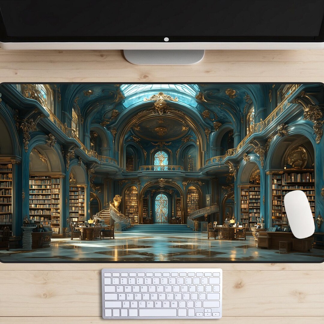 The Library of Atlantis Desk Mat, Fantasy Library Desk Pad, Underwater ...