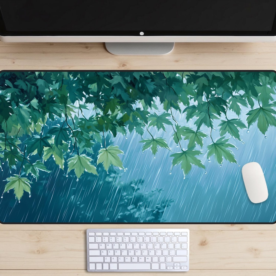 Warm Spring Rain Outside My Window Desk Mat, Summer Raindrops on Green ...