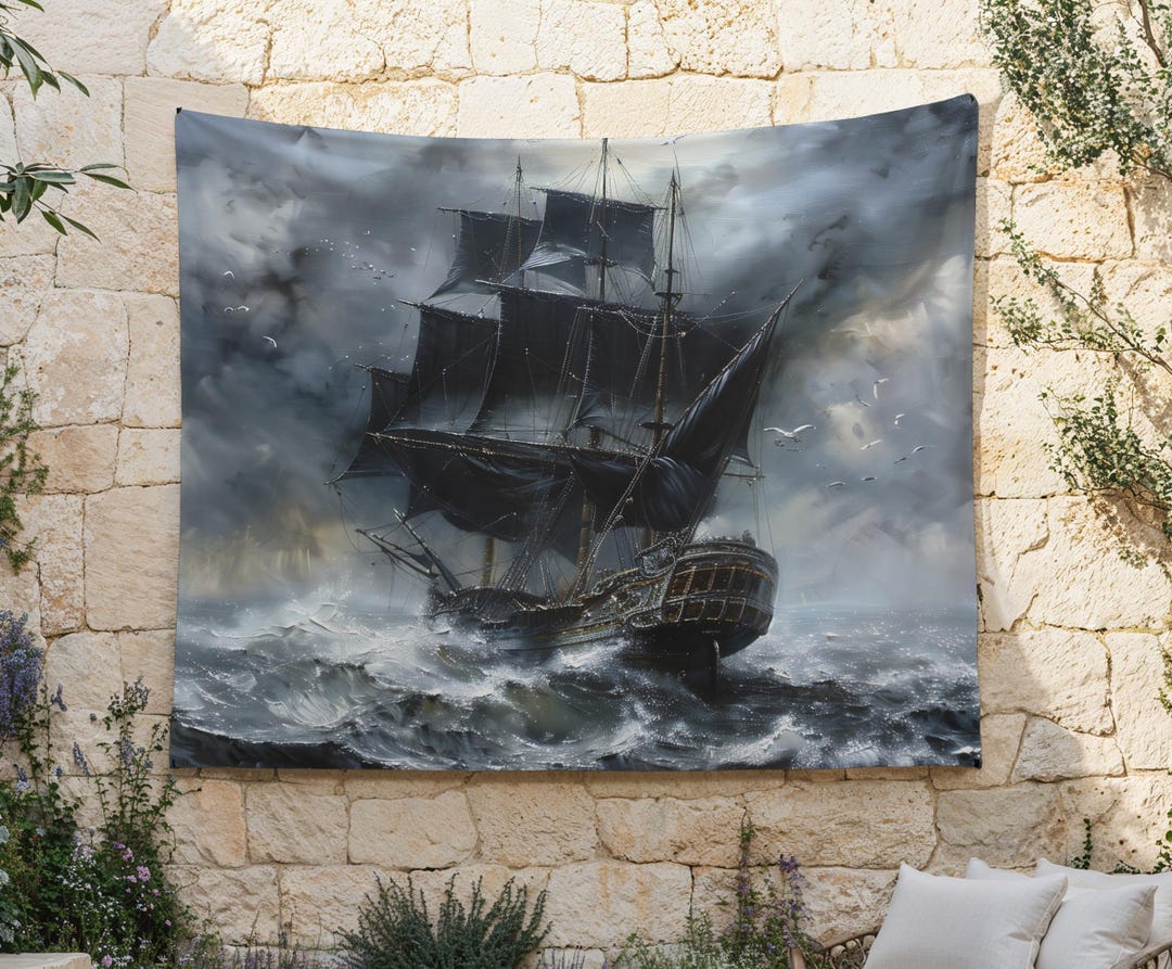 Stormy Seas Pirate Ship Tapestry, Vintage Ship at Sea Wall Hanging ...