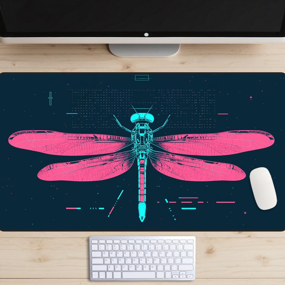 Neon Cyber Dragonfly Desk Mat, Pink and Blue Dragon Fly Desk Pad ...
