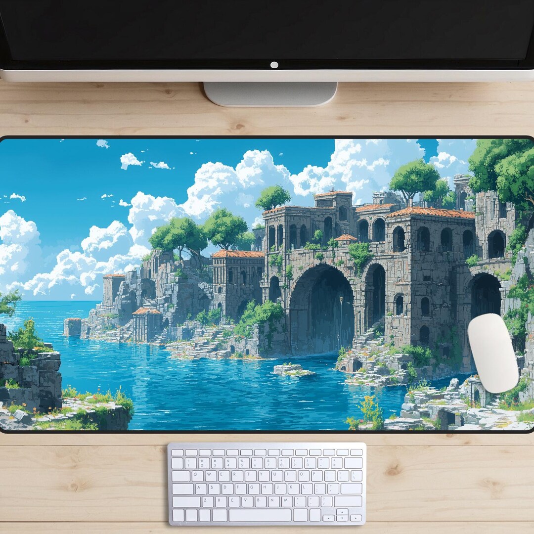 Coastal Ruins Desk Mat, Pixel Art Architecture Desk Pad, Lofi Ancient ...