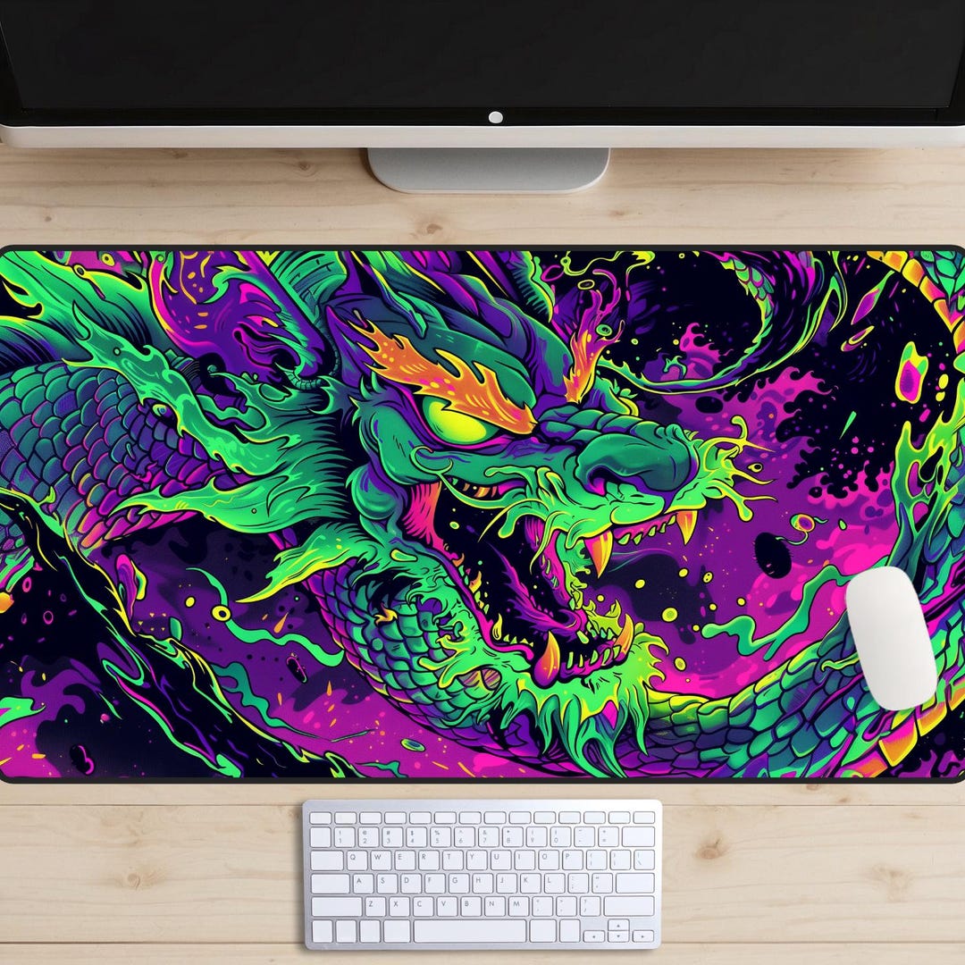 Wild Neon Dragon Desk Mat, Rad 90's Desk Pad, Vibrant Purple and Green ...