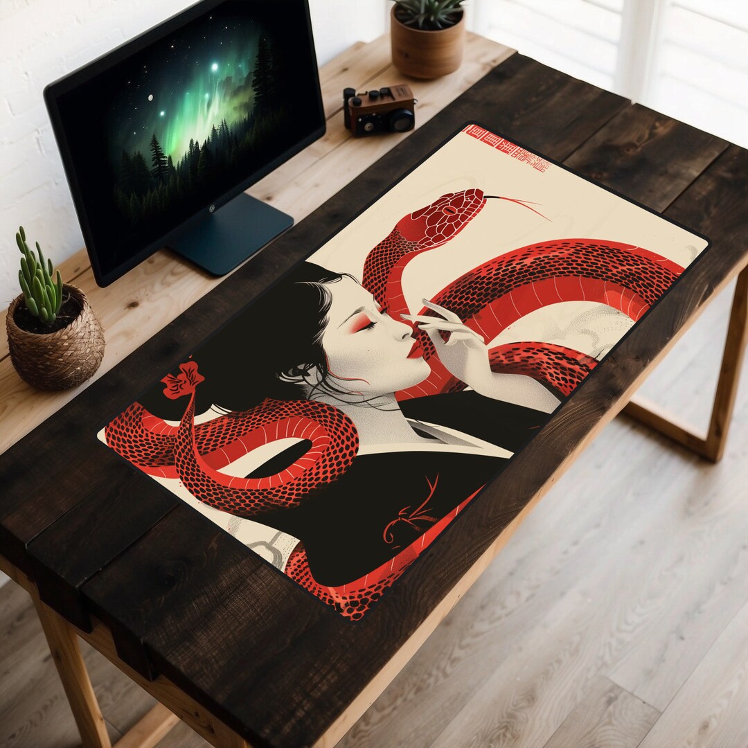 Geisha Desk Mat, Red Snake Desk Pad, Asian Mousepad, Japanese Desk Mat ...