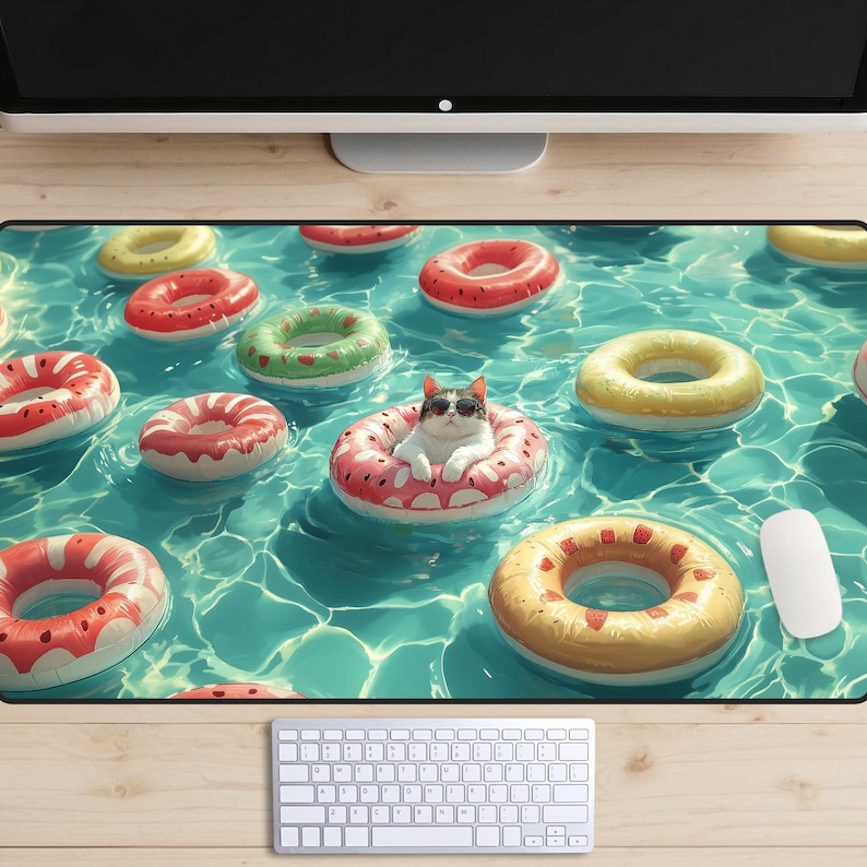 Fat Cat Pool Party Desk Mat, Summertime Desk Pad, Funny Cat Desk Topper ...