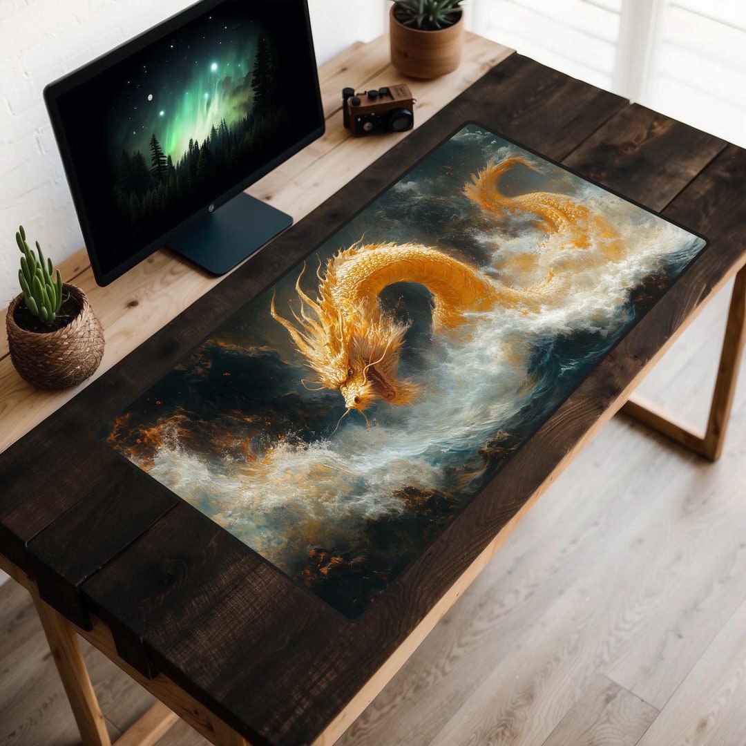 Golden Dragon Desk Mat, Chinese Dragon Desk Pad, Raging Dragon Desk ...