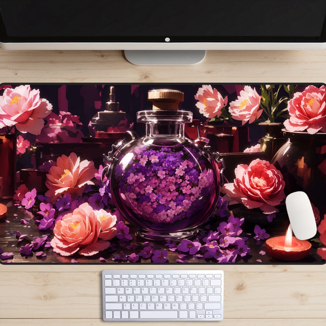 Love Potion Desk Mat, Flowers Desk Pad, Cozy Desk Mat, Pink Mousepad ...