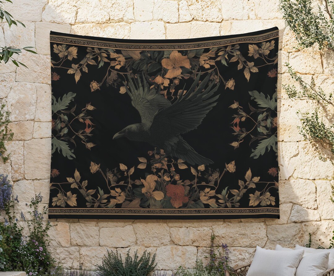Raven in Flight Tapestry, Medieval Blackbird Wall Hanging, Castle Decor ...