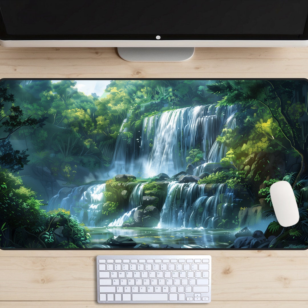 Beautiful Waterfall Desk Mat, Wild Forest Desk Pad, Waterfall Painting ...