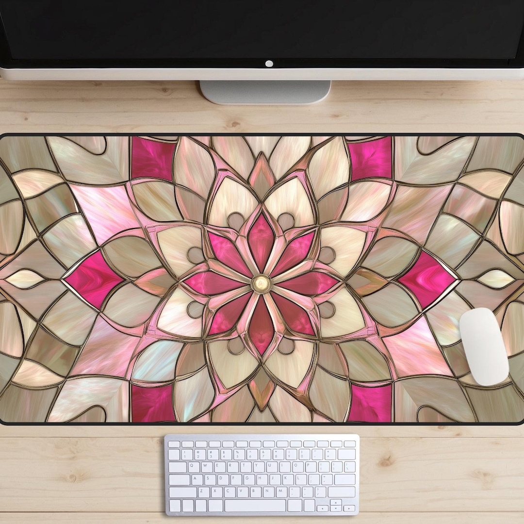 Stained Glass Mandala Desk Mat, Stain Glass Window Desk Pad, Pink and ...