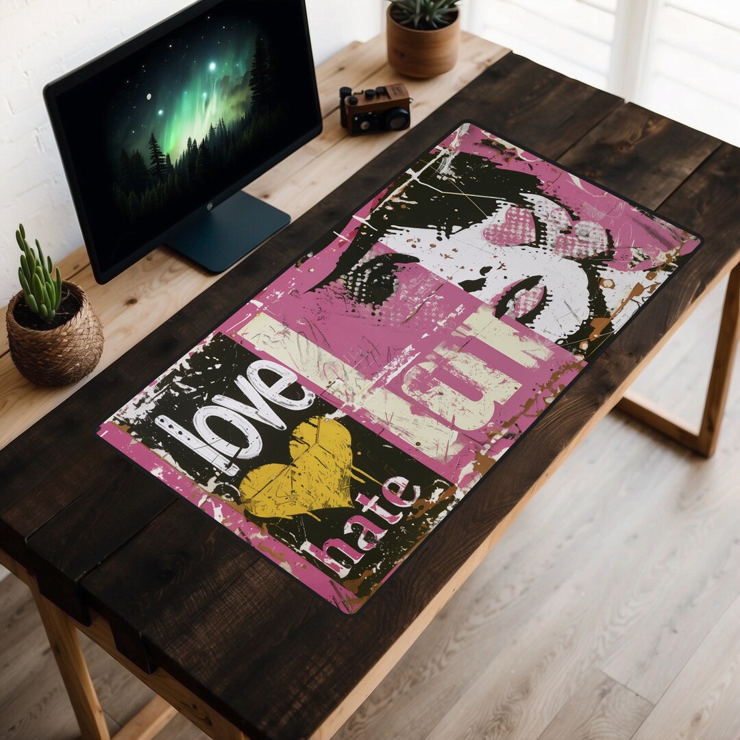 Love Hate Desk Mat, Graffiti Desk Pad, Pink Punk Mousepad, Urban Street ...