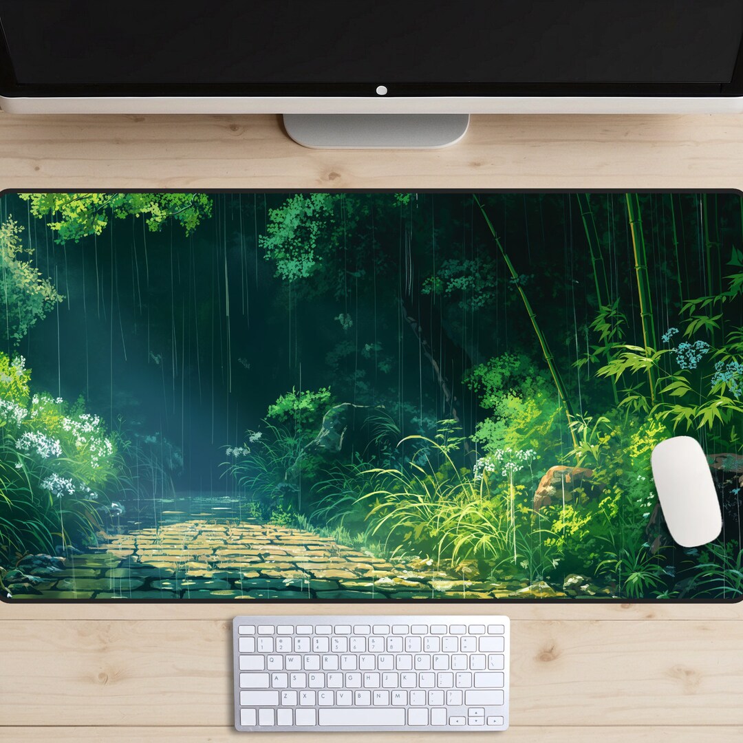Rainy Garden Path Desk Mat, Lofi Bamboo Forest Desk Pad, Anime Woods ...
