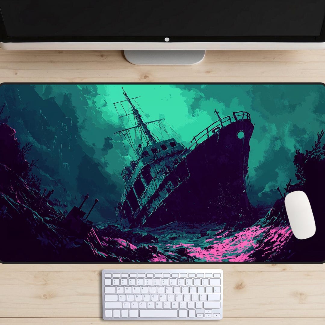 Sunken Ship Desk Mat, Neon Shipwreck Desk Pad, Bottom of the Sea Desk ...