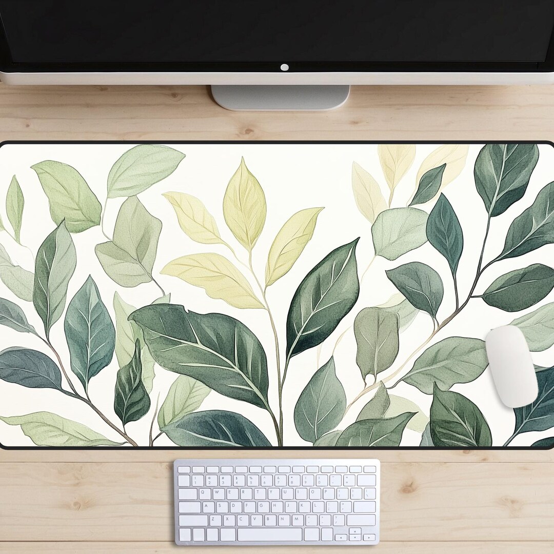 Botanical Aesthetic Desk Mat, Green Leaves Desk Pat, Green Gradient ...