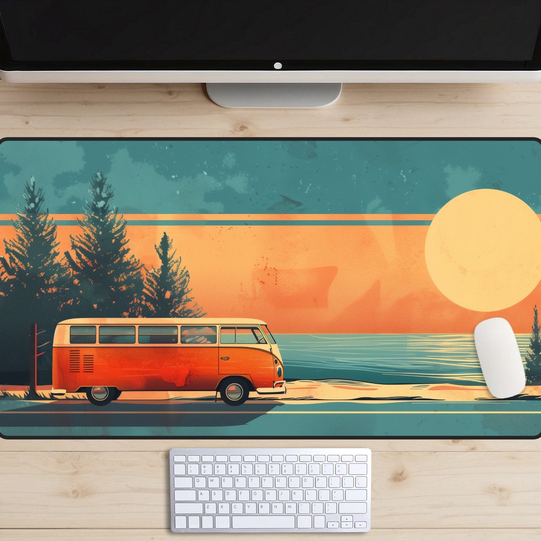 Retro Travel Adventure Desk Mat, Van Tour Desk Pad, Sunset Beach ...