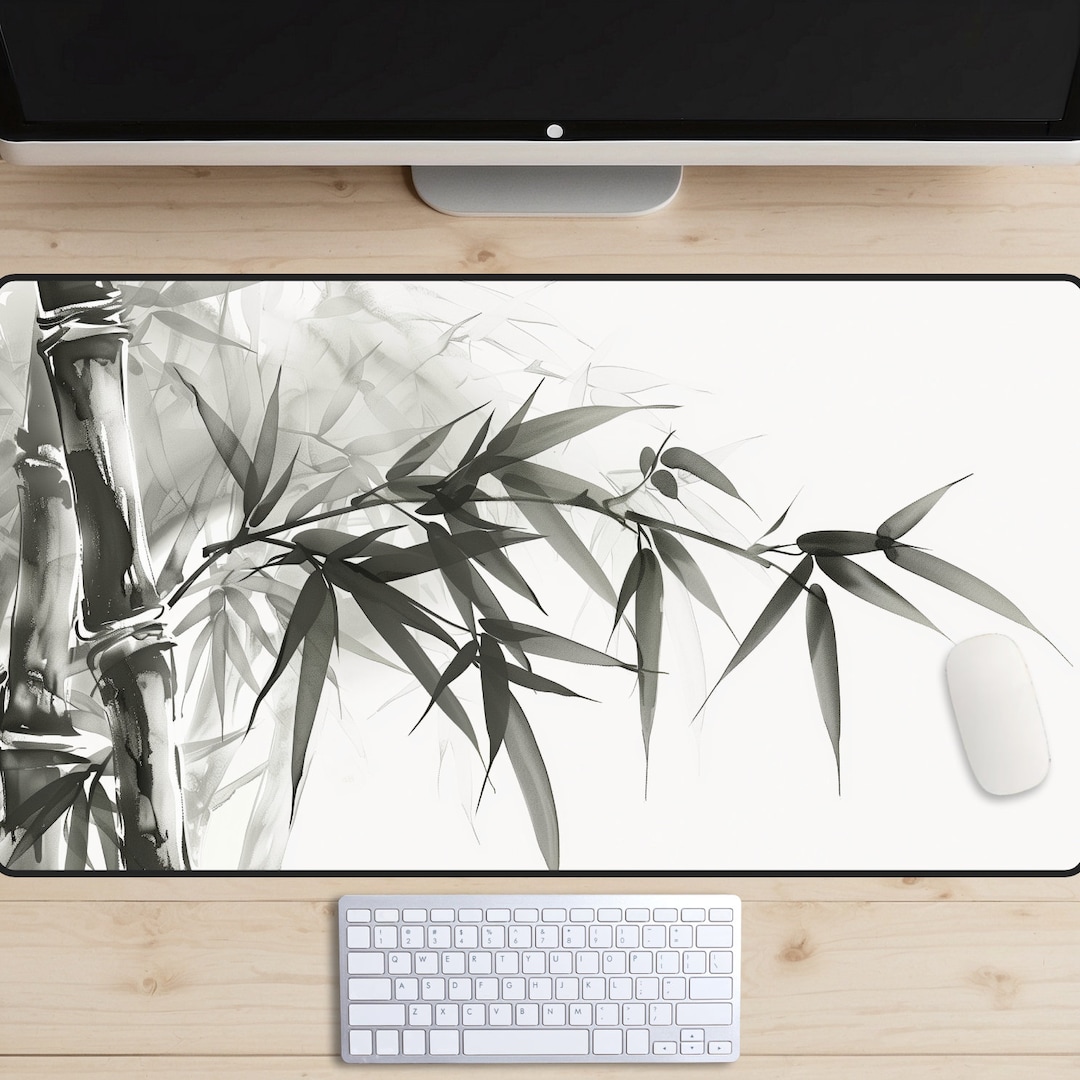 Bamboo Grove Desk Mat, Bamboo Trees Desk Pad, Black and White Mousepad ...