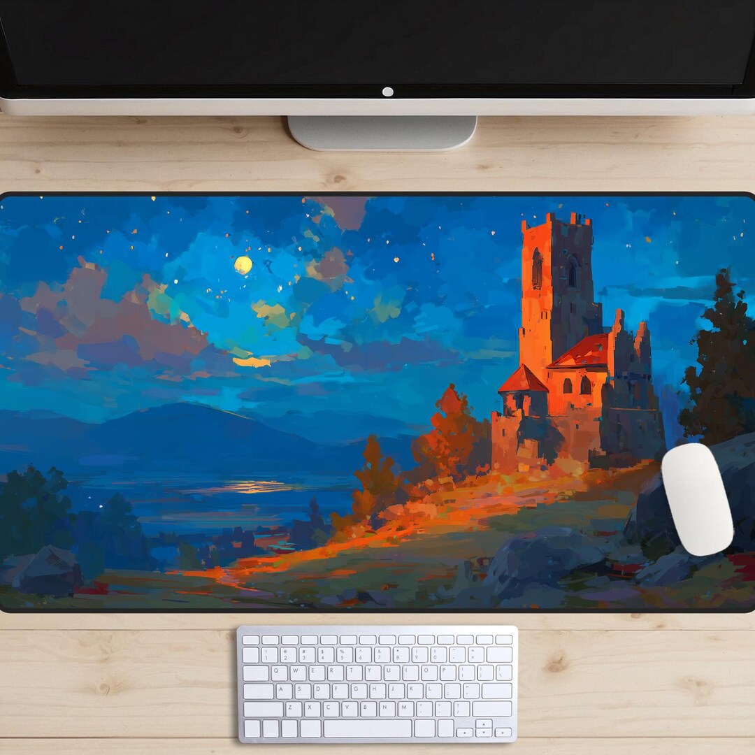 Dusk Castle Desk Mat, Fantasy Landscape Desk Topper, Castle Watchtower ...